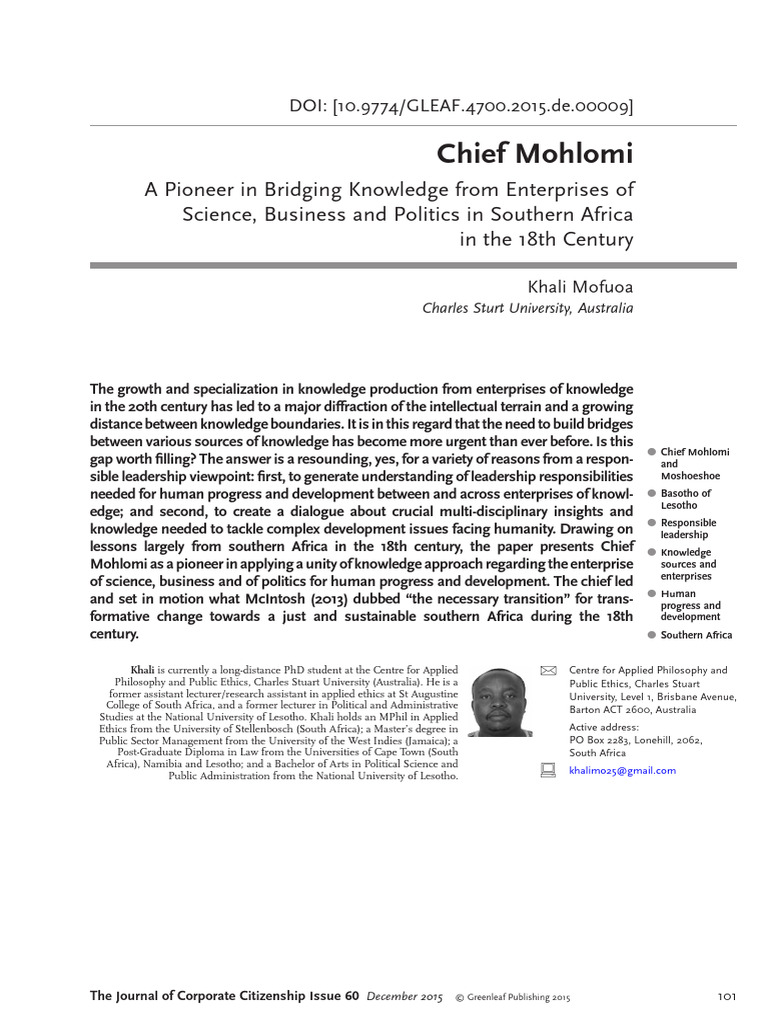 Mofuoa, Khali - Chief Mohlomi - A Pioneer in Bridging Knowledge From ...