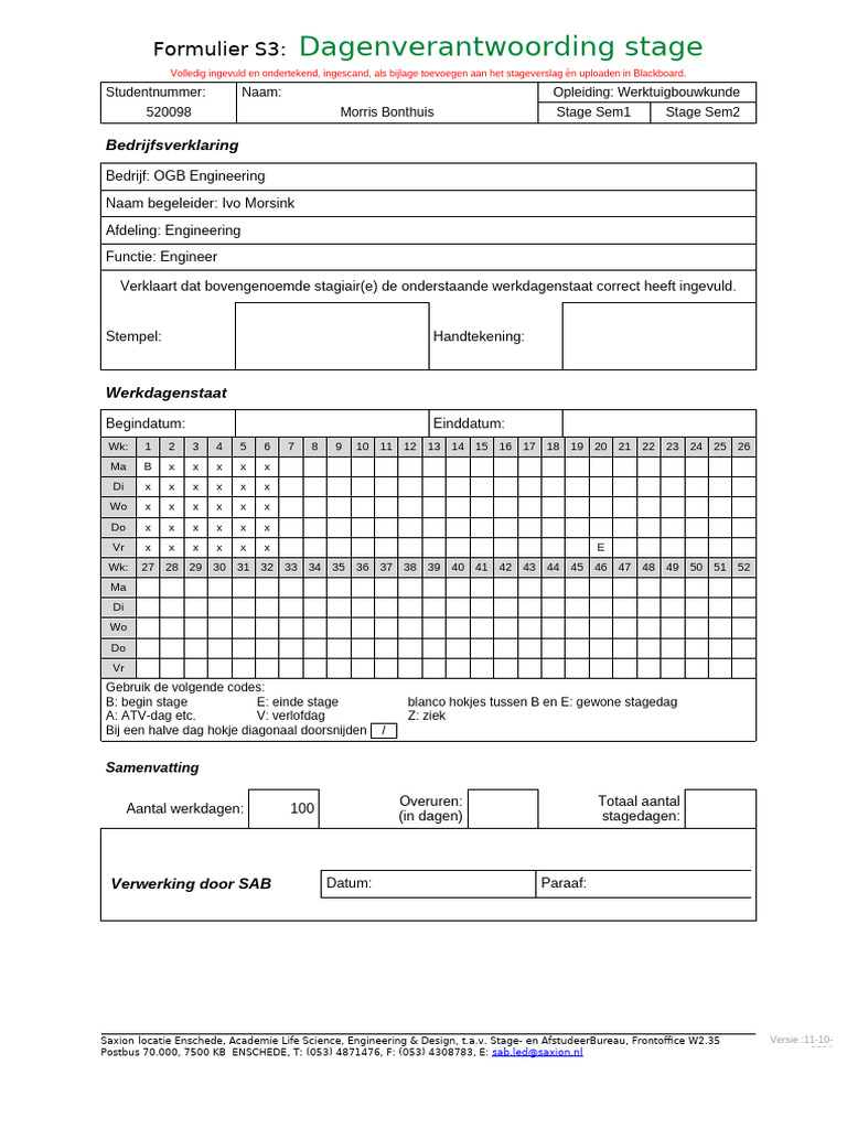 Formulier Dagenverantwoording Stage WB | PDF