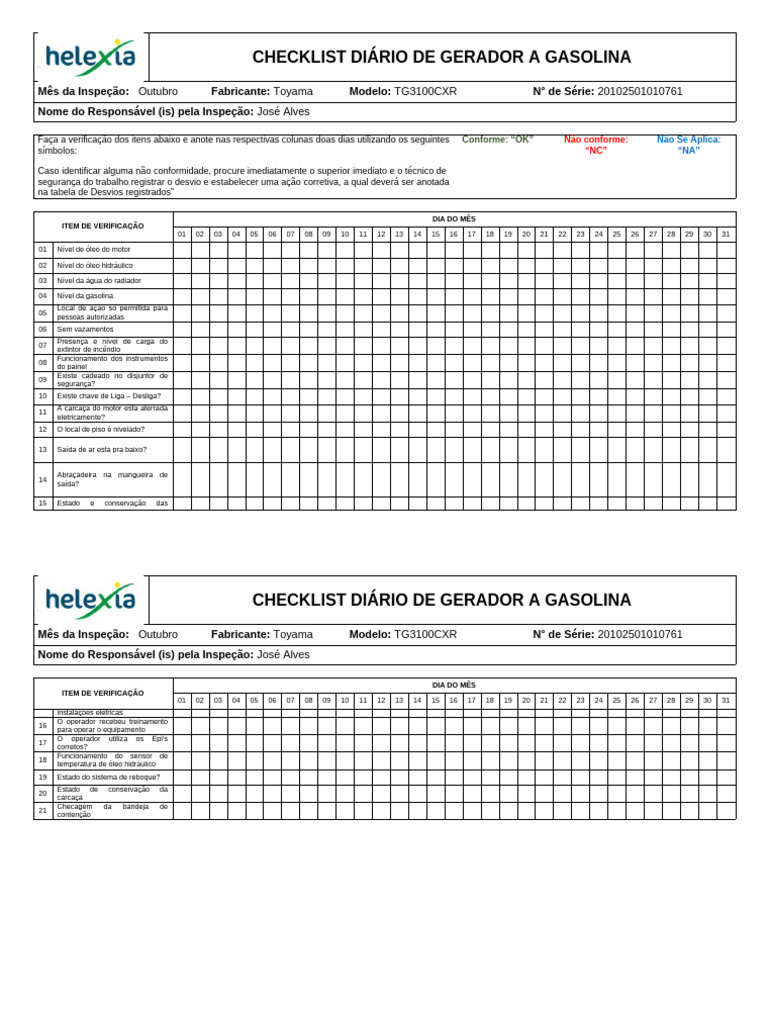 Checklist Diário - Gerador | PDF
