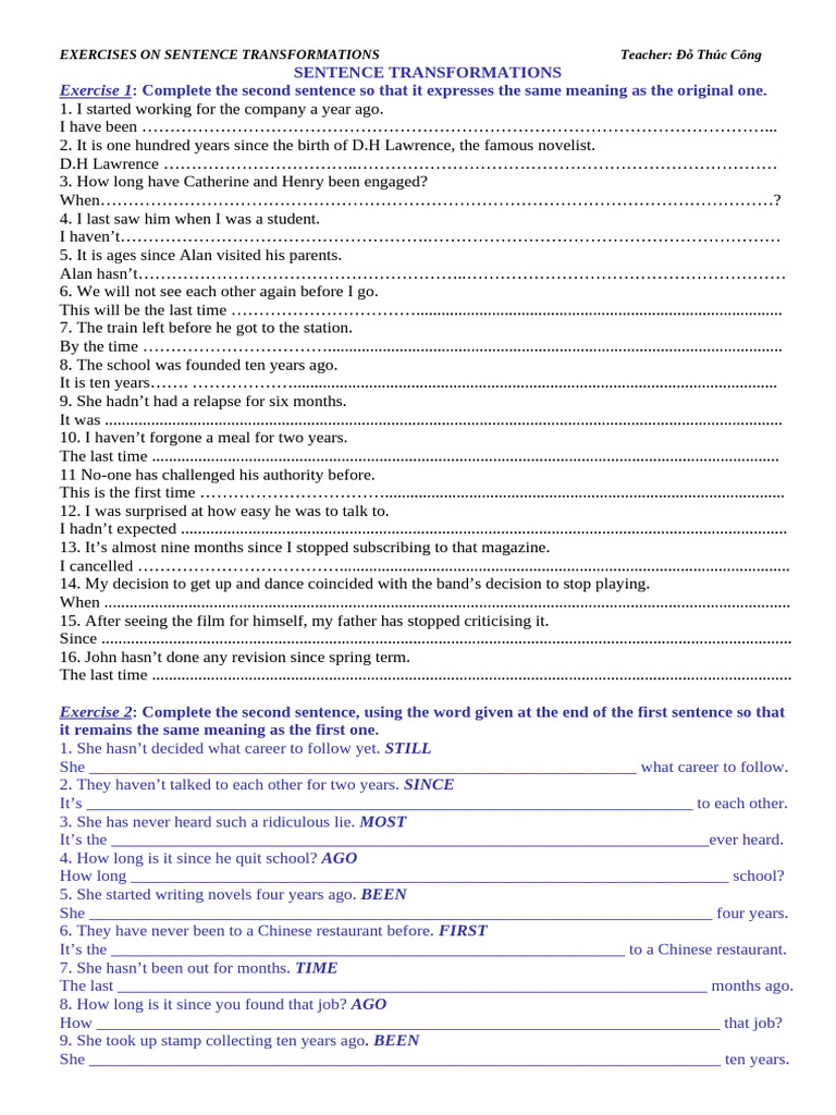 Exercises on Sentence Transformations | PDF