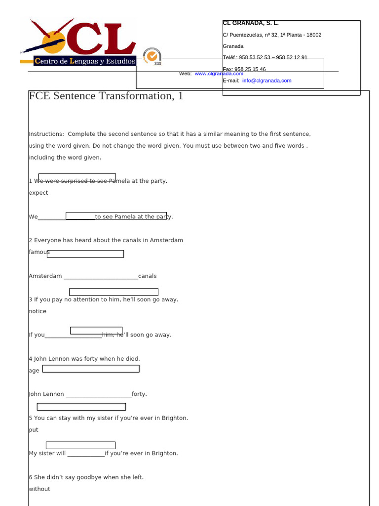 FCE Sentence Transformation 1 | PDF