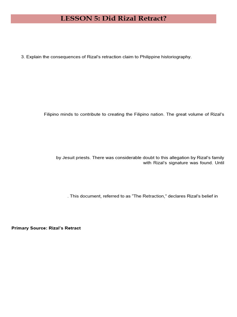 RIPH LESSON 5 The Retraction of Rizal | PDF