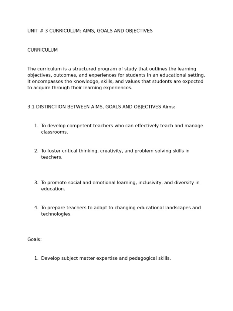 Curriculum; Aims,goals and objectives | PDF