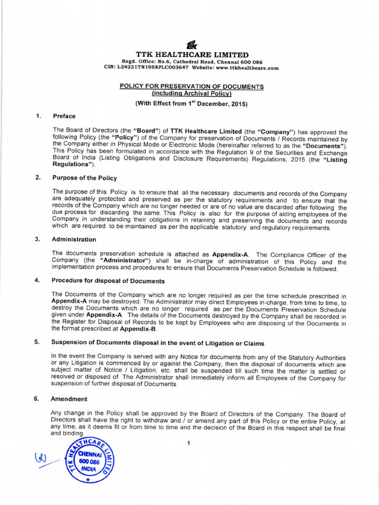 Policy For Preservation of Documents Including Archival Policy 1 | PDF