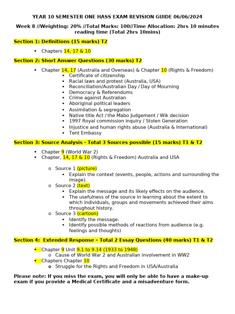 Year 10 HASS Revision Guide For Semester One Exam 2024 | PDF