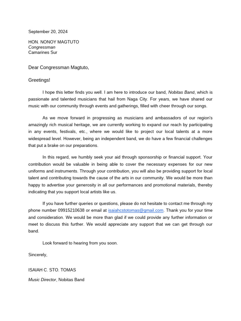 Nobitas Band Solicitation Letter | PDF