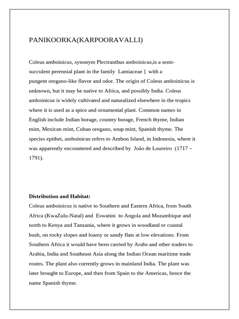 Panikoorka (Karpooravalli) : Distribution and Habitat | PDF