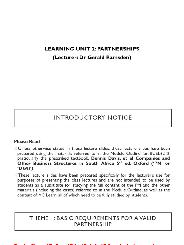 Learning Unit 2: Partnerships (Lecturer: DR Gerald Ramsden) | PDF