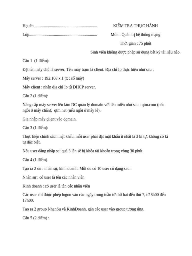 Kiem Tra Thuc Hanh Cuoi Ki (qtm10b) | PDF