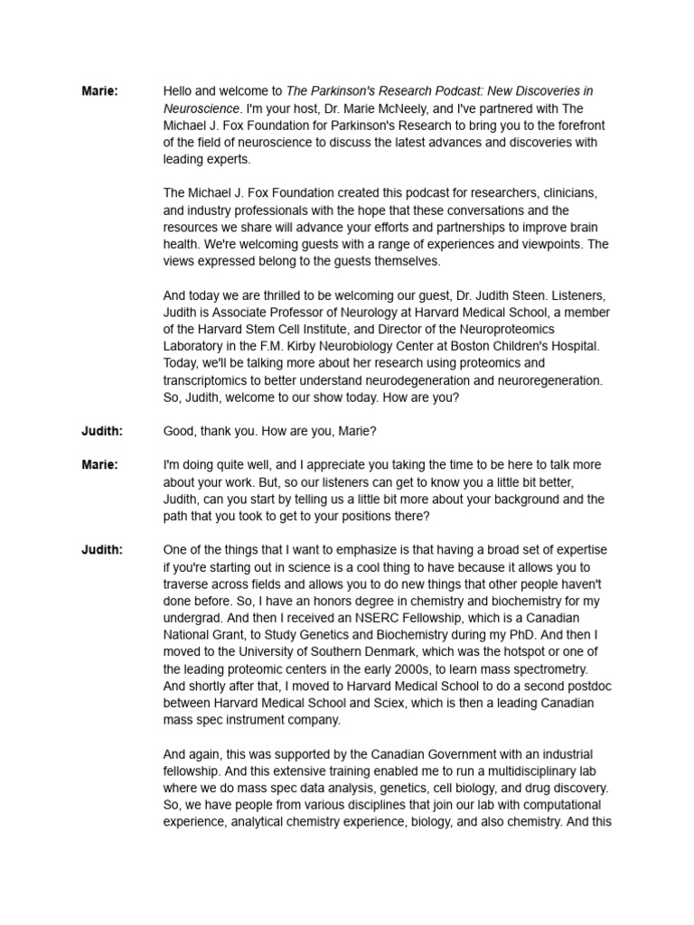 Judith Steen Transcript | PDF | Proteomics | Parkinson's Disease