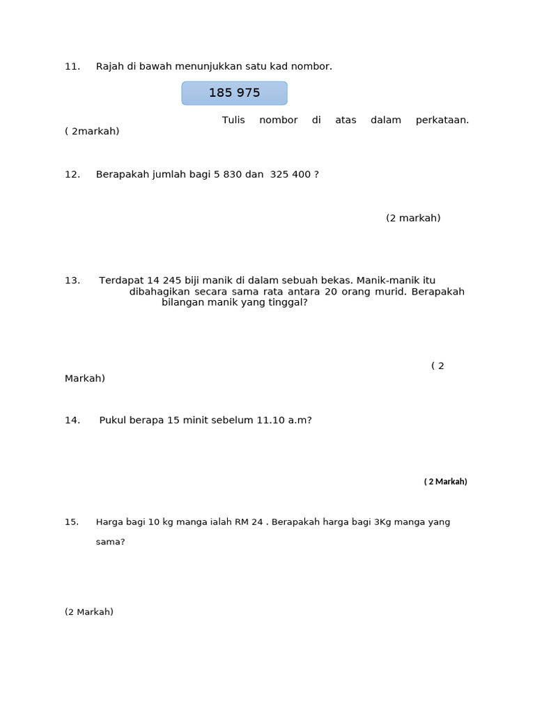 Soalan Math Tahun 5 2023 | PDF