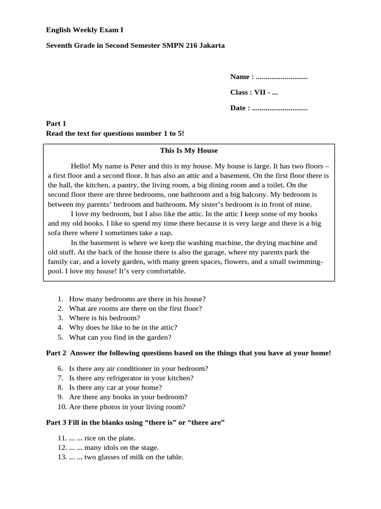 English Weekly Exam 1 Class 7 Smster 2 | PDF | Room | Home