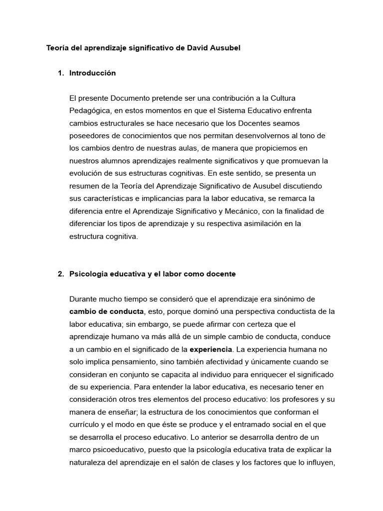 Teoría Del Aprendizaje Significativo de David Ausubel | PDF