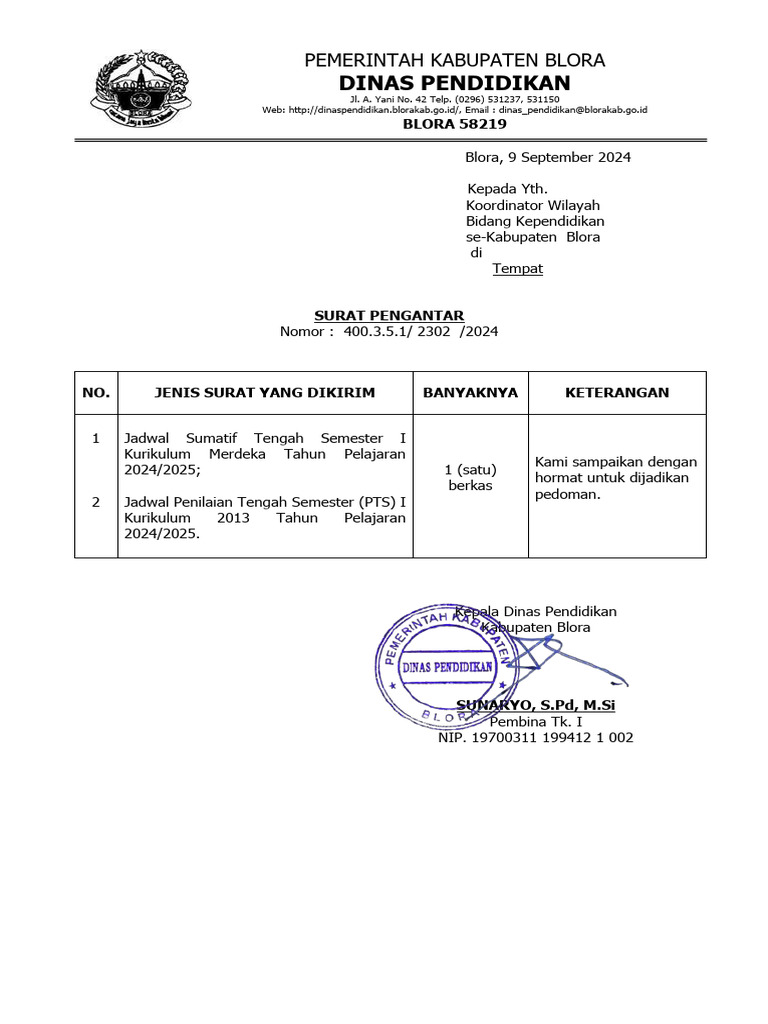 Surat Pengantar Jadwal STS1 PTS1 2024 2025 | PDF