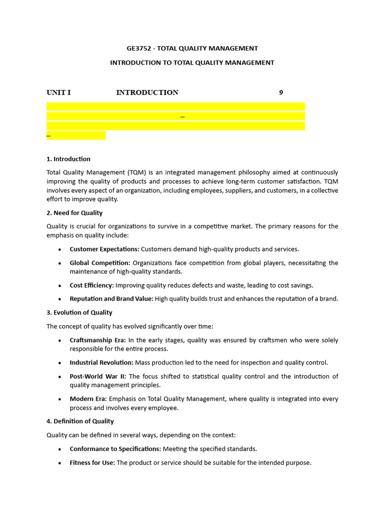 TQM Unit 1 Study Notes | PDF