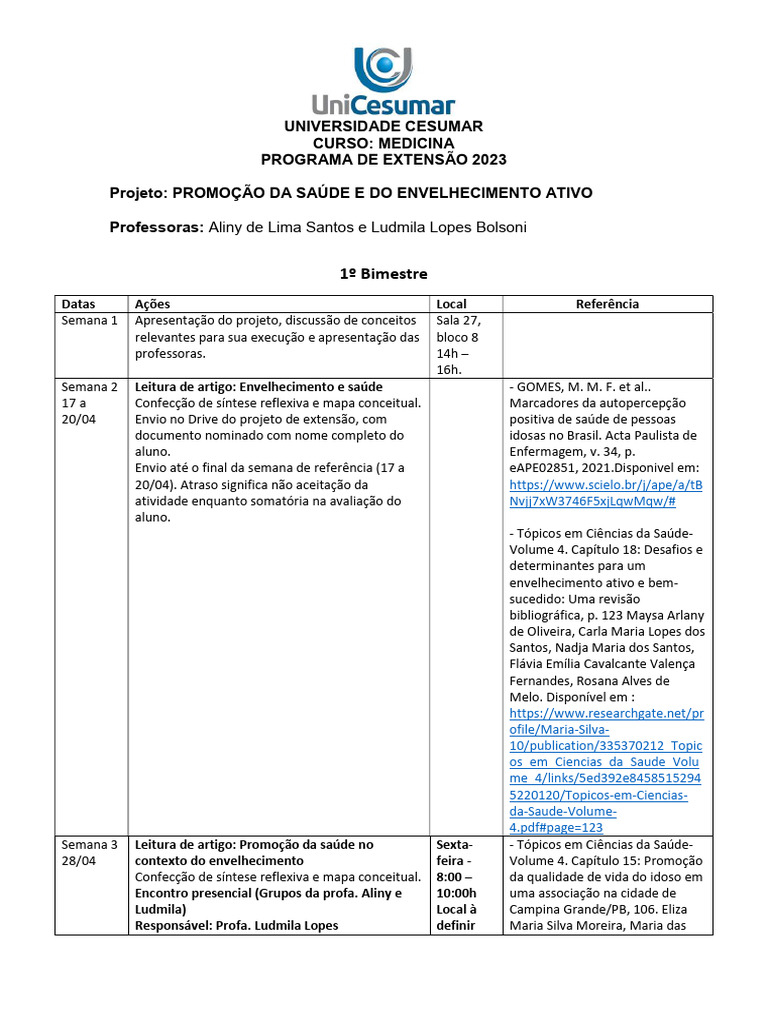 Cronograma 1bim - Proj - Ext MED 2023 | PDF