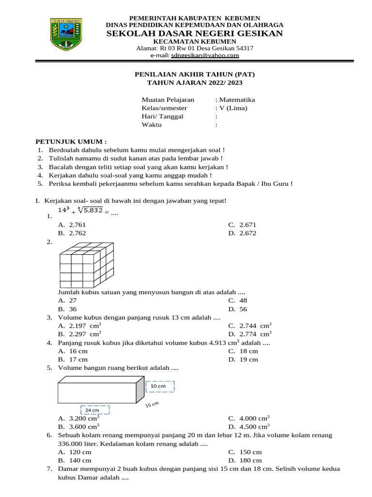 SOAL PAT MTK KLS 5, Kunci Jawaban, Dan Penskoran | PDF
