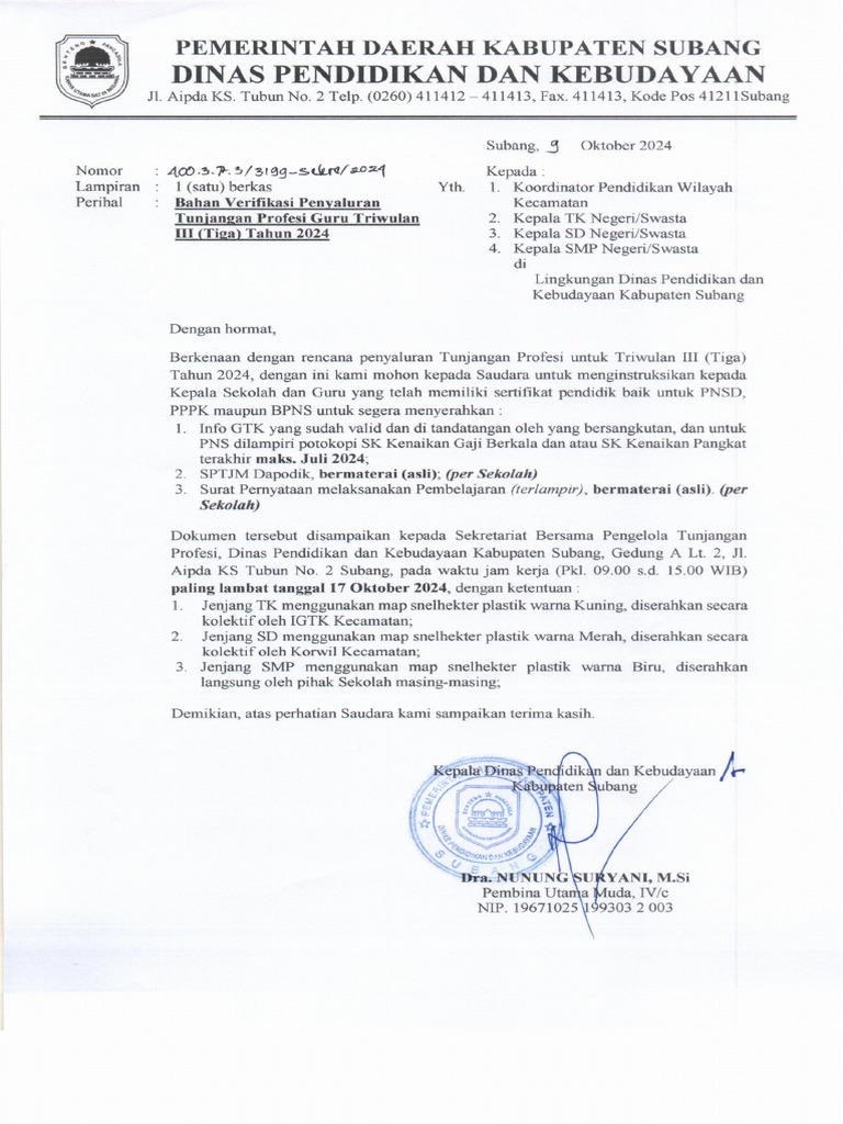 Surat Pemberkasan Tri 3 TPG 2024 | PDF