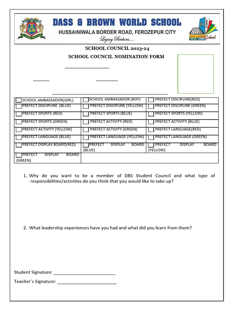 School Council Nomination Form 2023-24 | PDF | Career & Growth | Sports ...