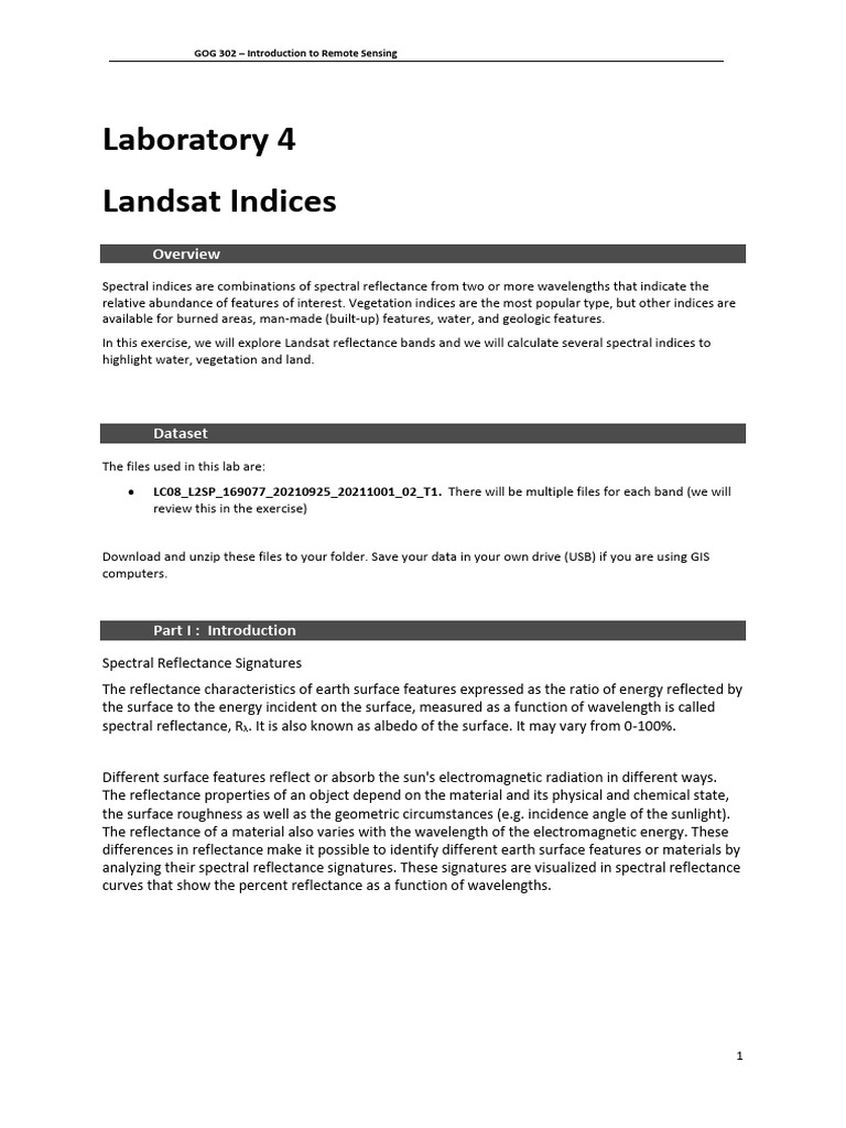 GOG302 Lab 4. Landsat Indices | PDF