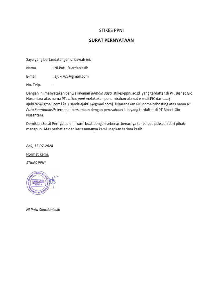 Surat Pernyataan Perubahan PIC | PDF