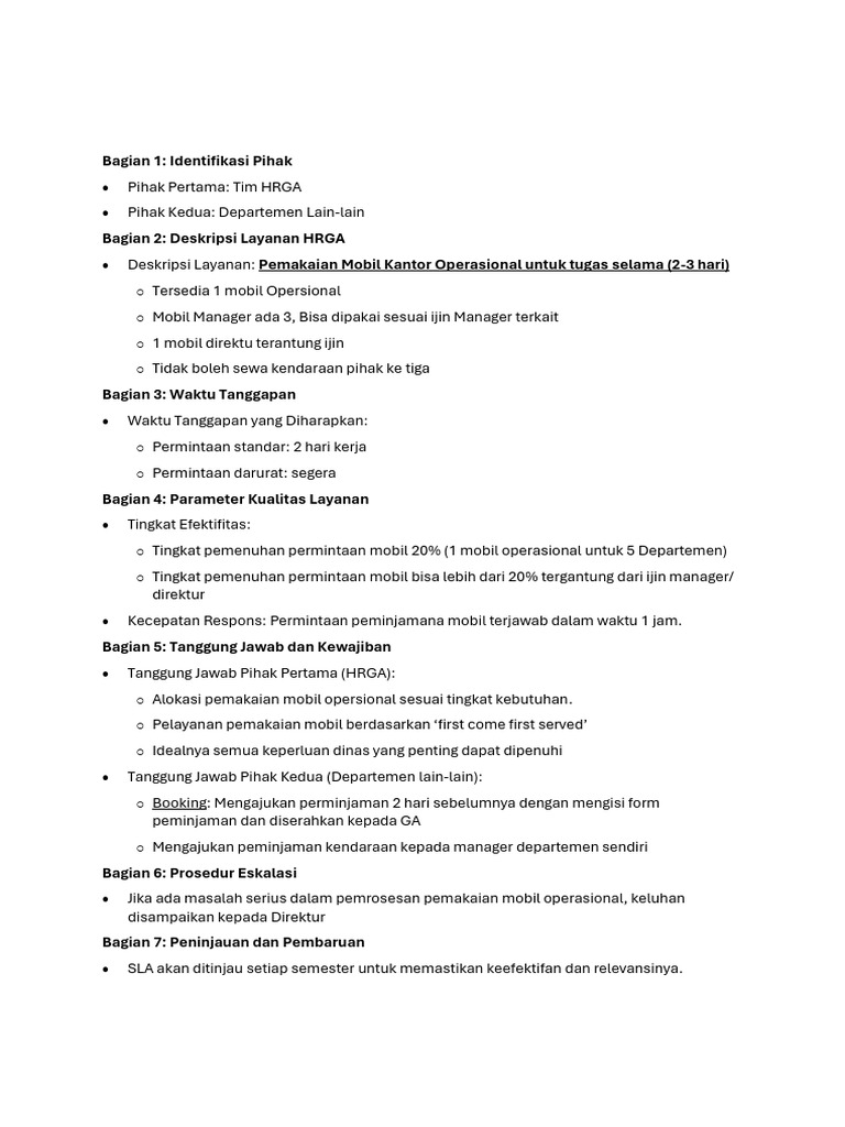 SLA-KPI - HRGA Transportasi | PDF