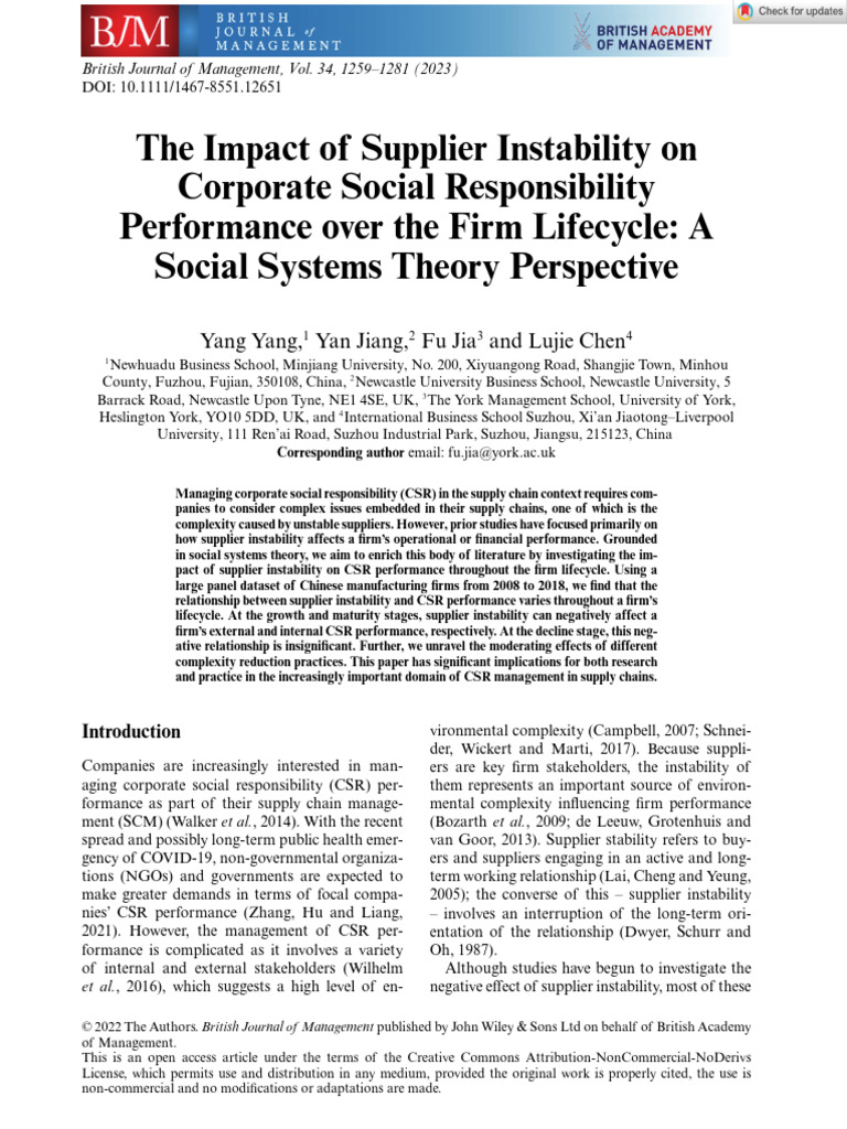 British J of Management - 2022 - Yang - The Impact of Supplier Instability On Corporate Social ...