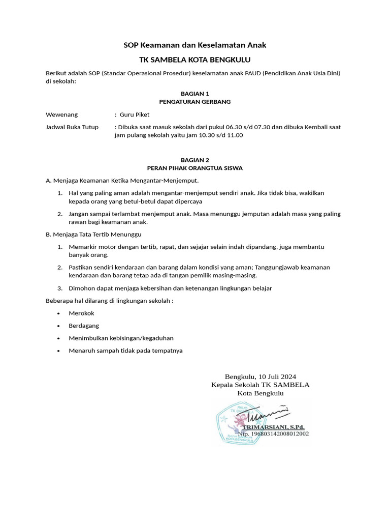 SOP Keamanan Dan Keselamatan Anak Paud | PDF