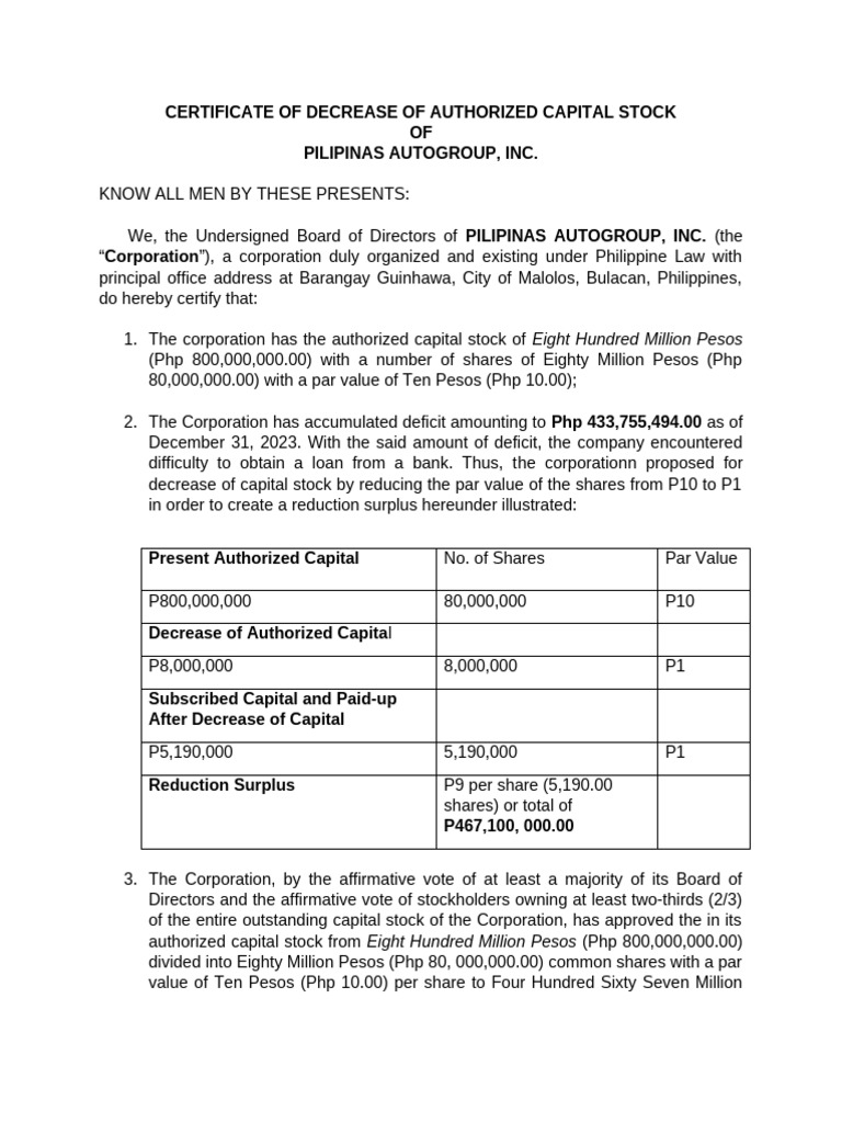 Certificate of Decrease of Authorized Capital Stock | PDF
