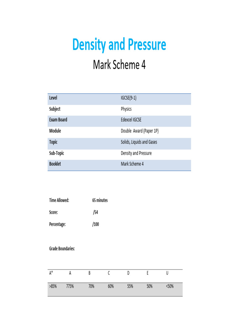 17.4 Density and Pressure 1P Edexcel IGCSE Physics MS - L | PDF