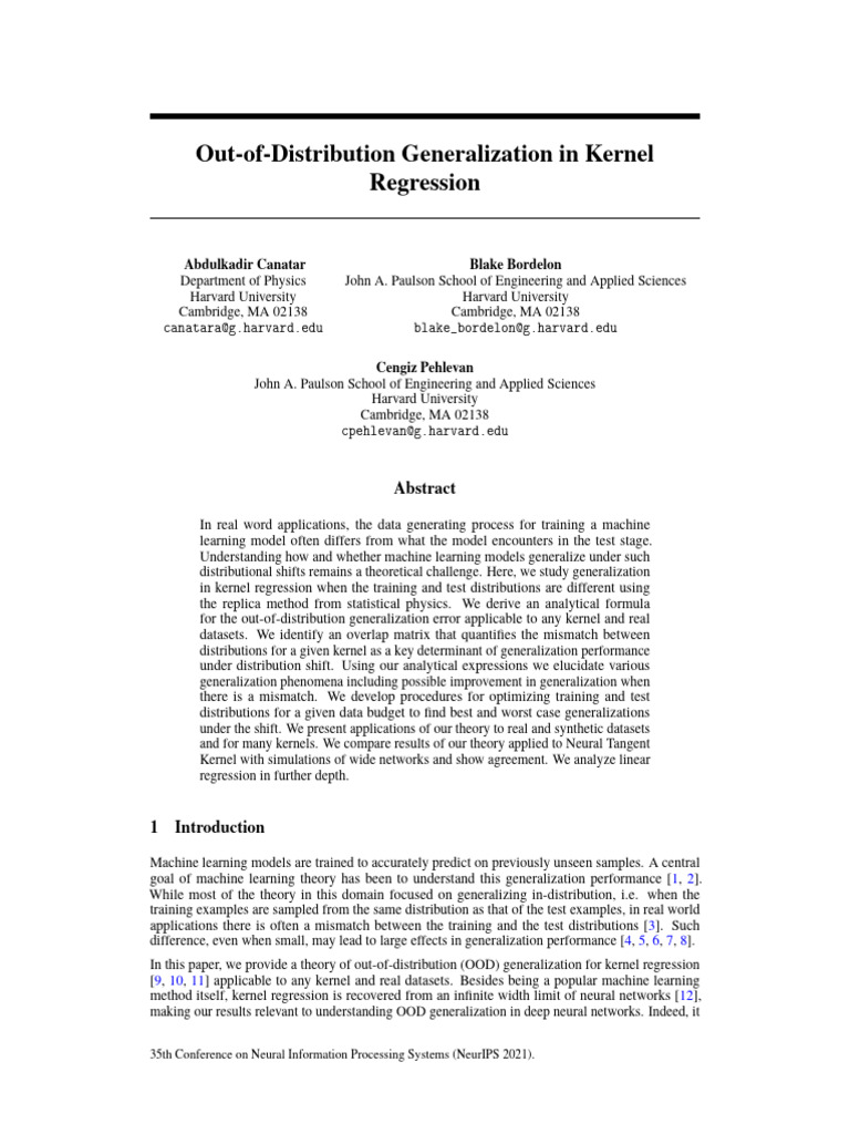 Out of Distribution Generalization in Kernel Regression Paper | PDF
