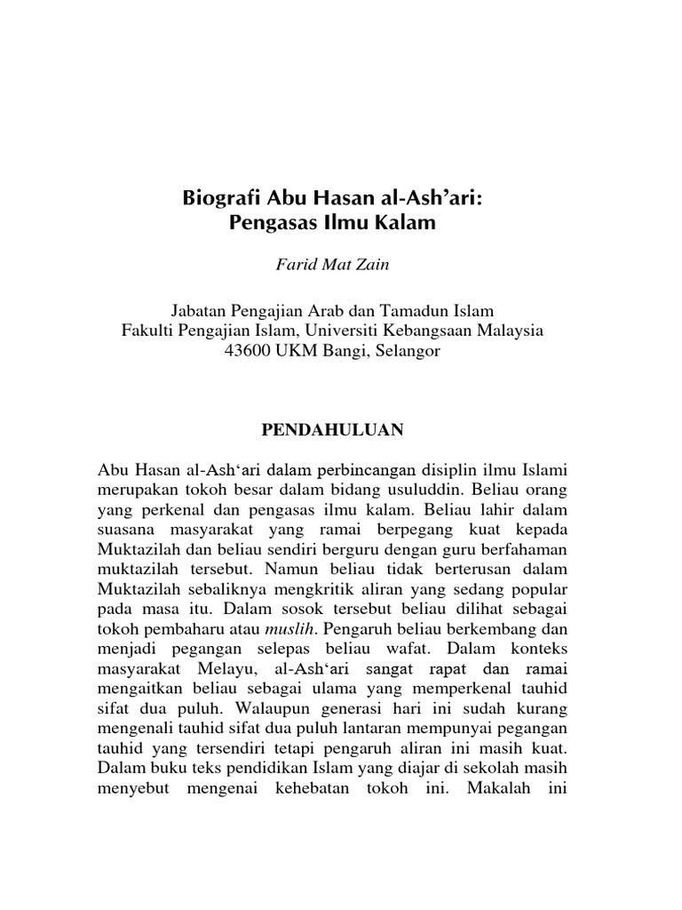 Biografi Abu Hasan Al Ash'ari Pengasas | PDF