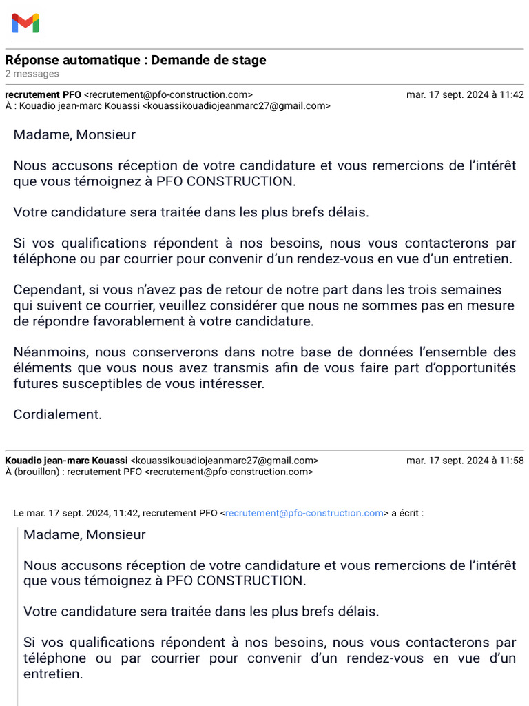 Gmail - Réponse Automatique - Demande de Stage | PDF