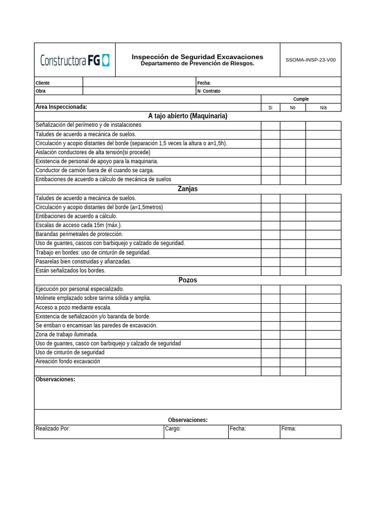 SSOMA-INSP-23-V00 Inspeccion de Seguridad Excavaciones | PDF