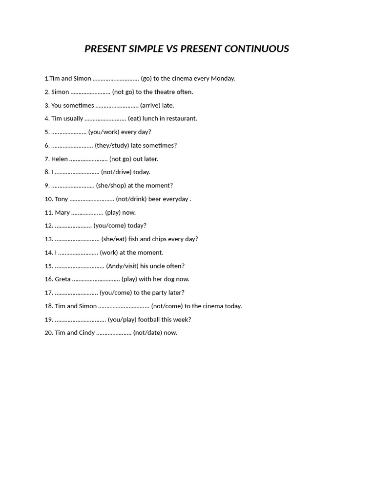 Present Simple Vs Present Continuous - Ćwiczenia 1 | PDF