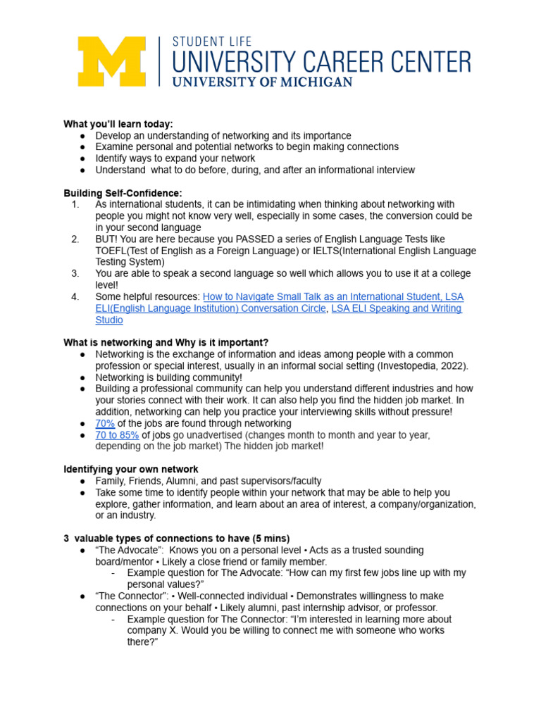 Internatioanl Students Career Series How To Build Your Network Handout ...