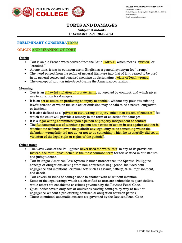 Torts and Damages - Handouts | PDF