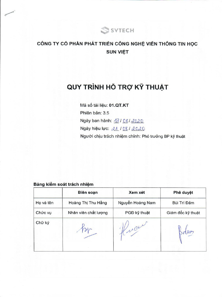 01.QT - KT - Quy Trinh Ho Tro Ky Thuat v3.5 | PDF