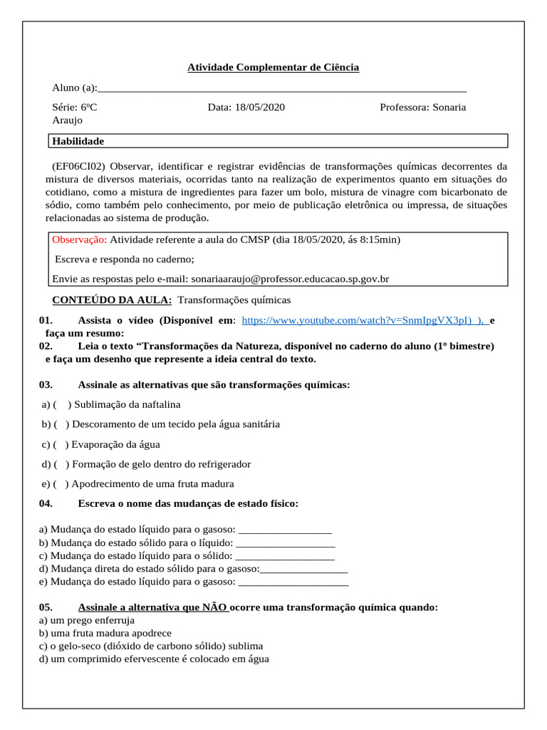 Atividade Complementar de Ciências - 6 Ano - 18.05.2020 | PDF