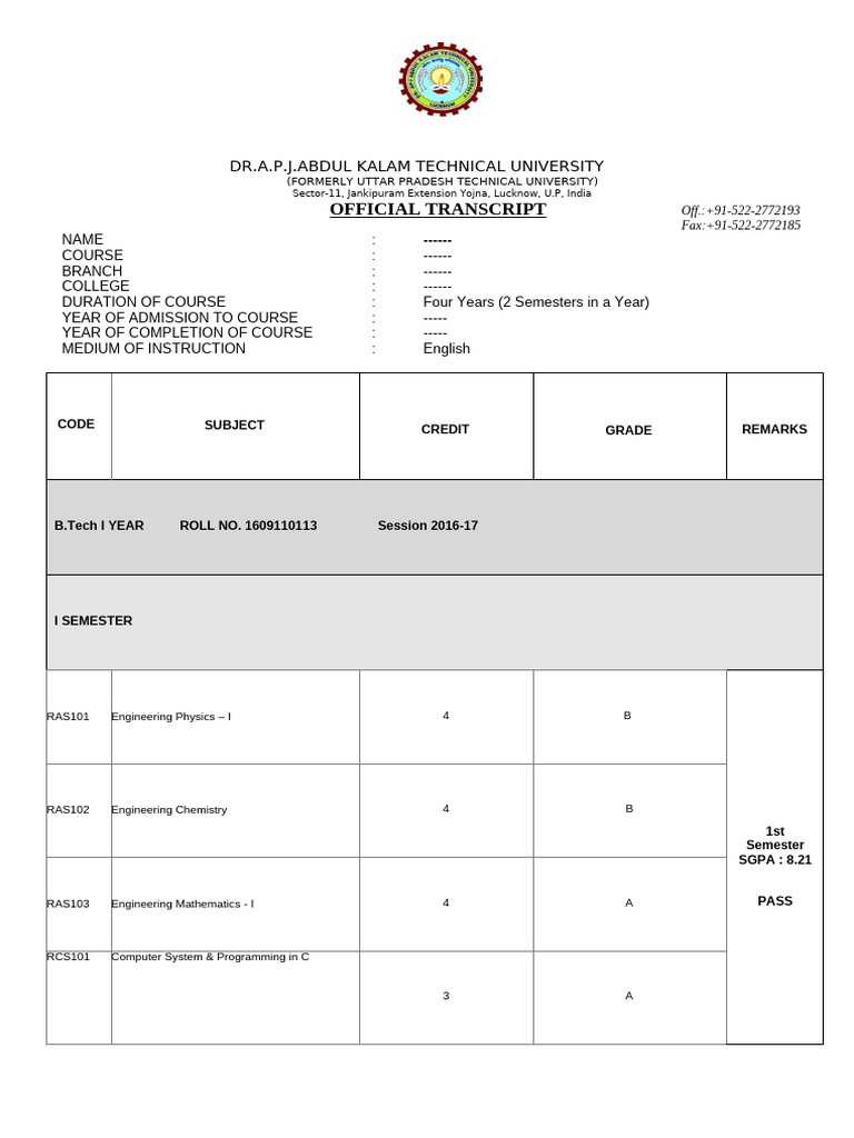 Grading Transcript Format | PDF