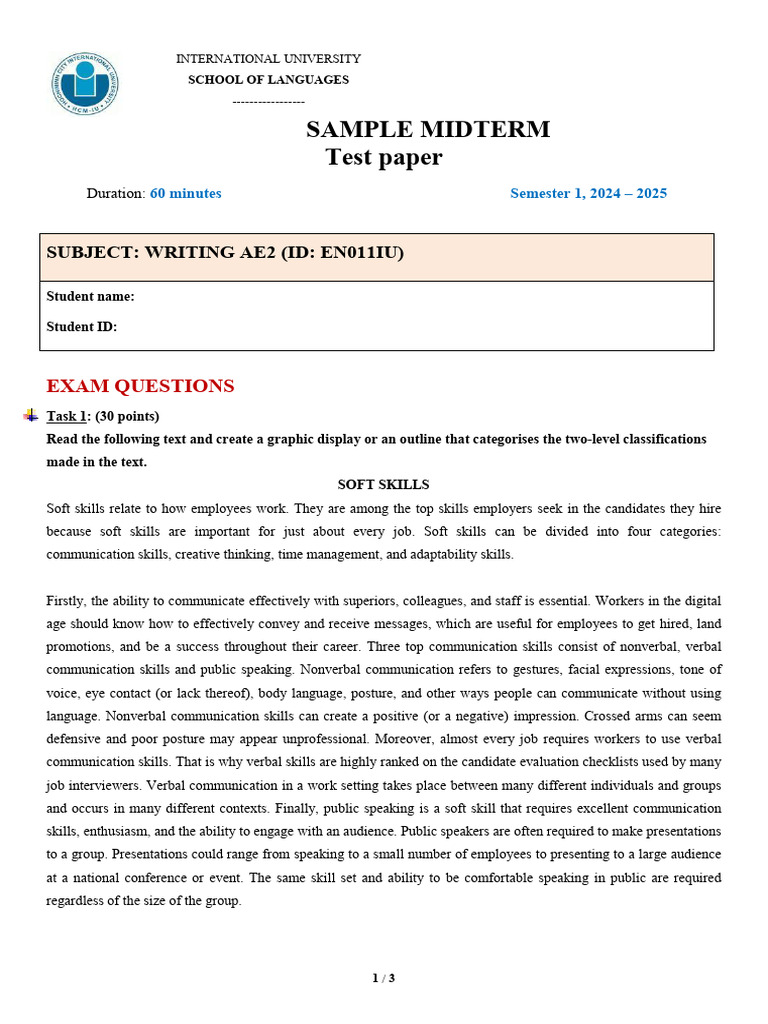 AE2 W Midterm Sample Test - Test Paper | PDF | Nonverbal Communication ...