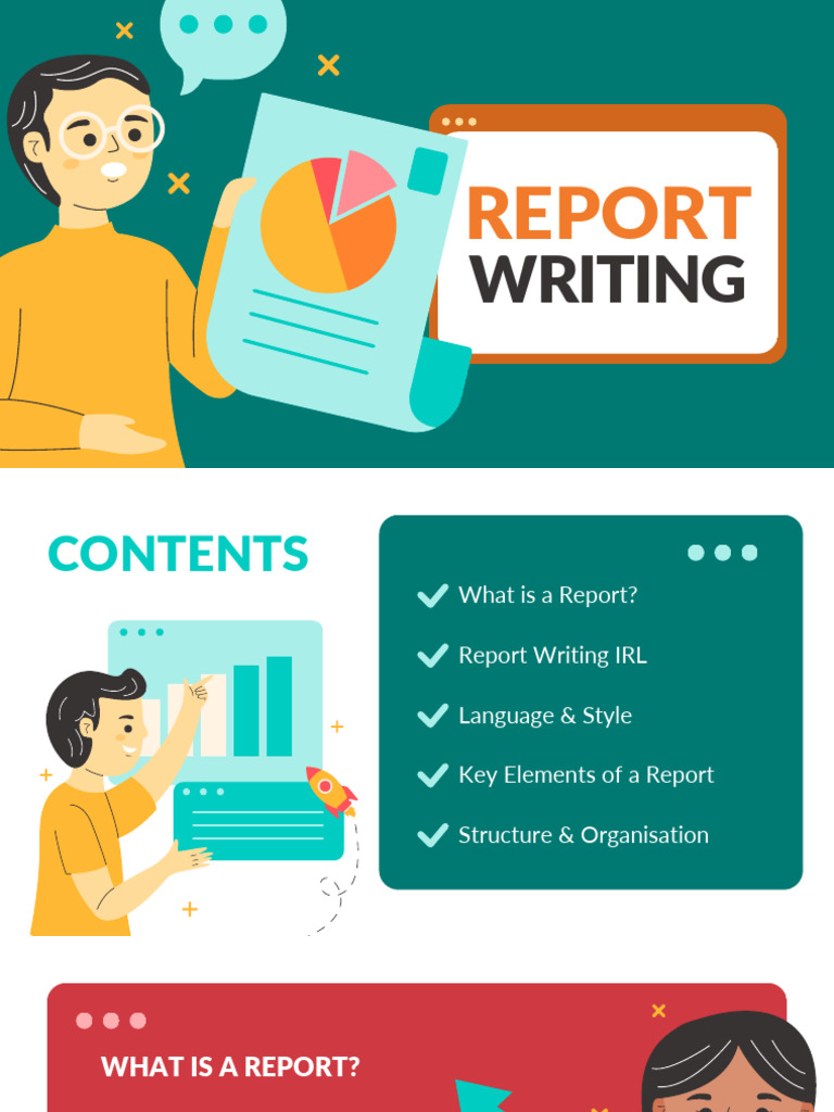 Report Writing Presentation in Green, Red and Orange Illustrative Style ...