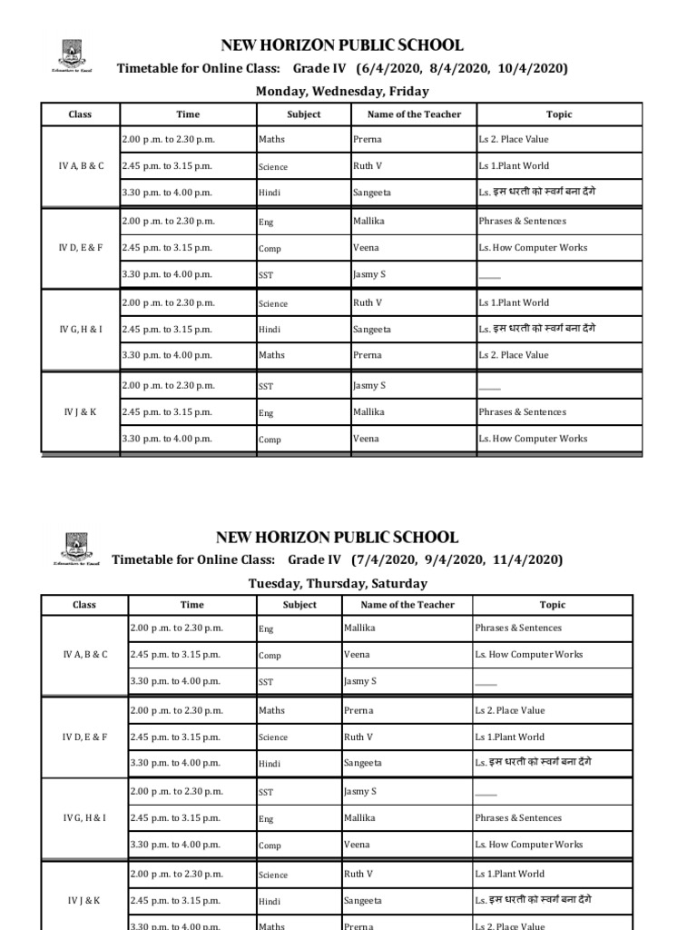 Grade IV Online Class Timetable | PDF