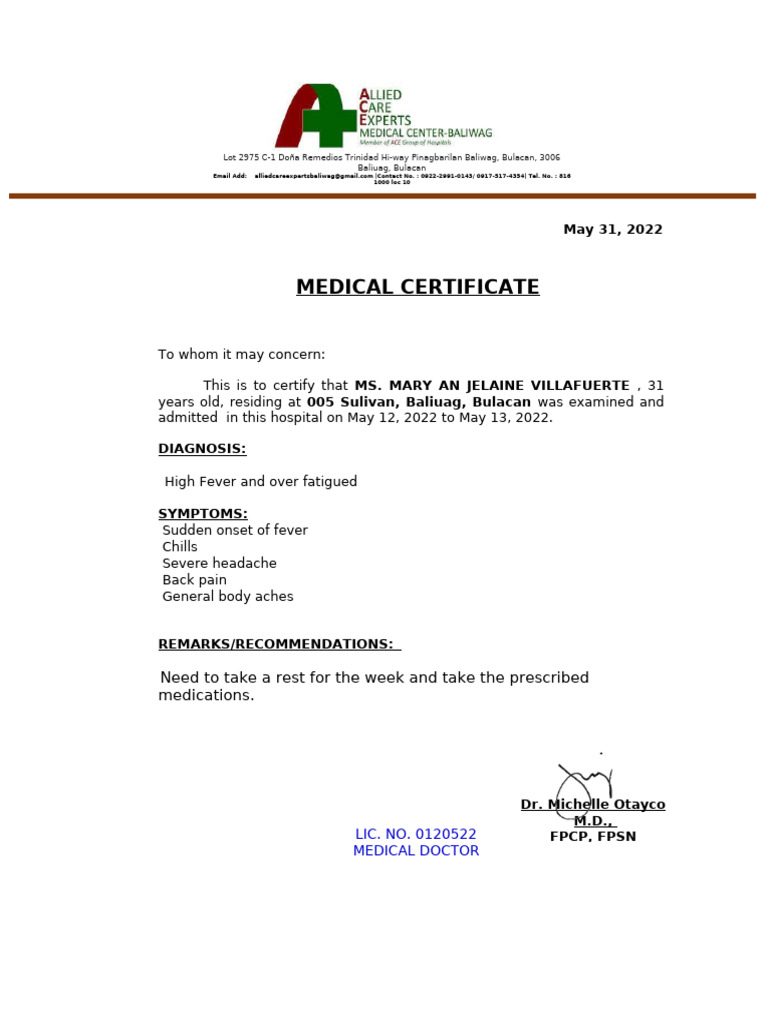 Ace Medical Center - Medical Certificate | PDF