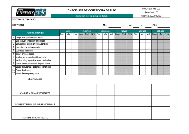 Pho-Sg-Fr-101 Check List Cortadora de Piso | PDF