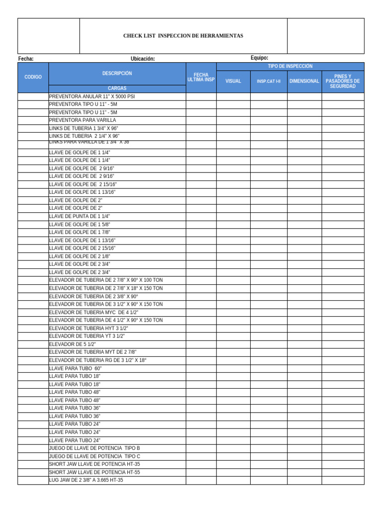 Formato Check list herramientas para equipos de work over | PDF