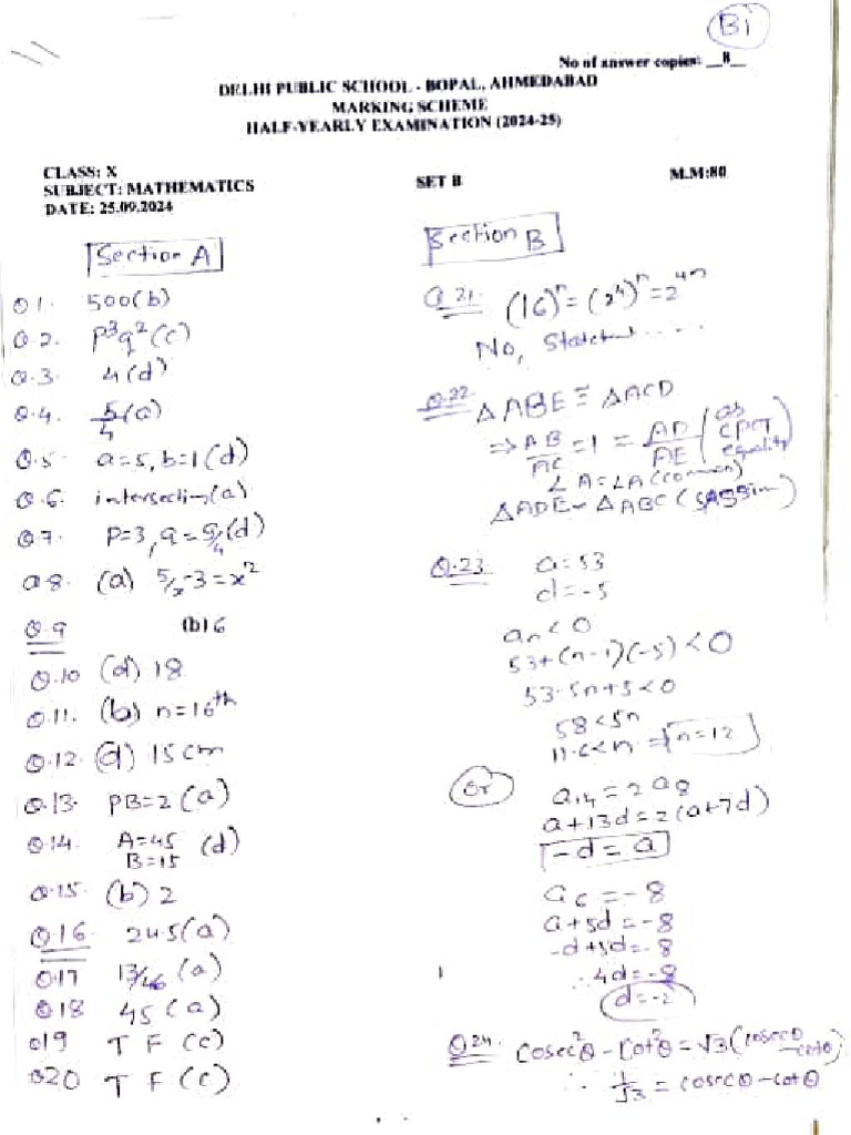 Half Yearly Math SET B Answer Key | PDF