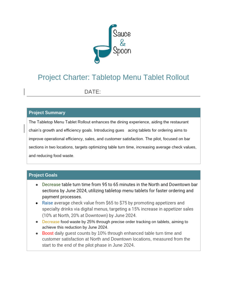 Project Charter: Tabletop Menu Tablet Rollout | PDF