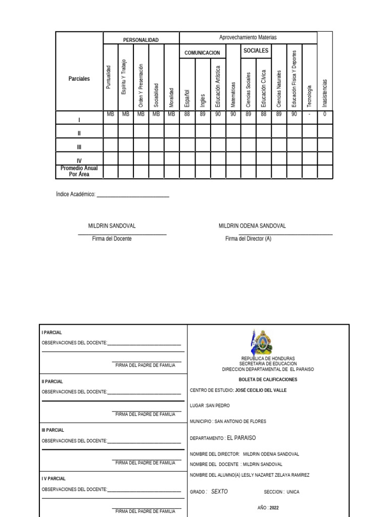 Boleta De Calificaciones 2021 1lesly Zelaya Pdf