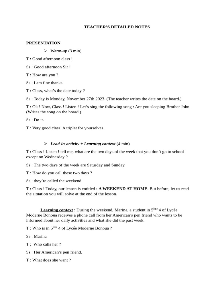 A Weekend at Home Lesson 1 | PDF